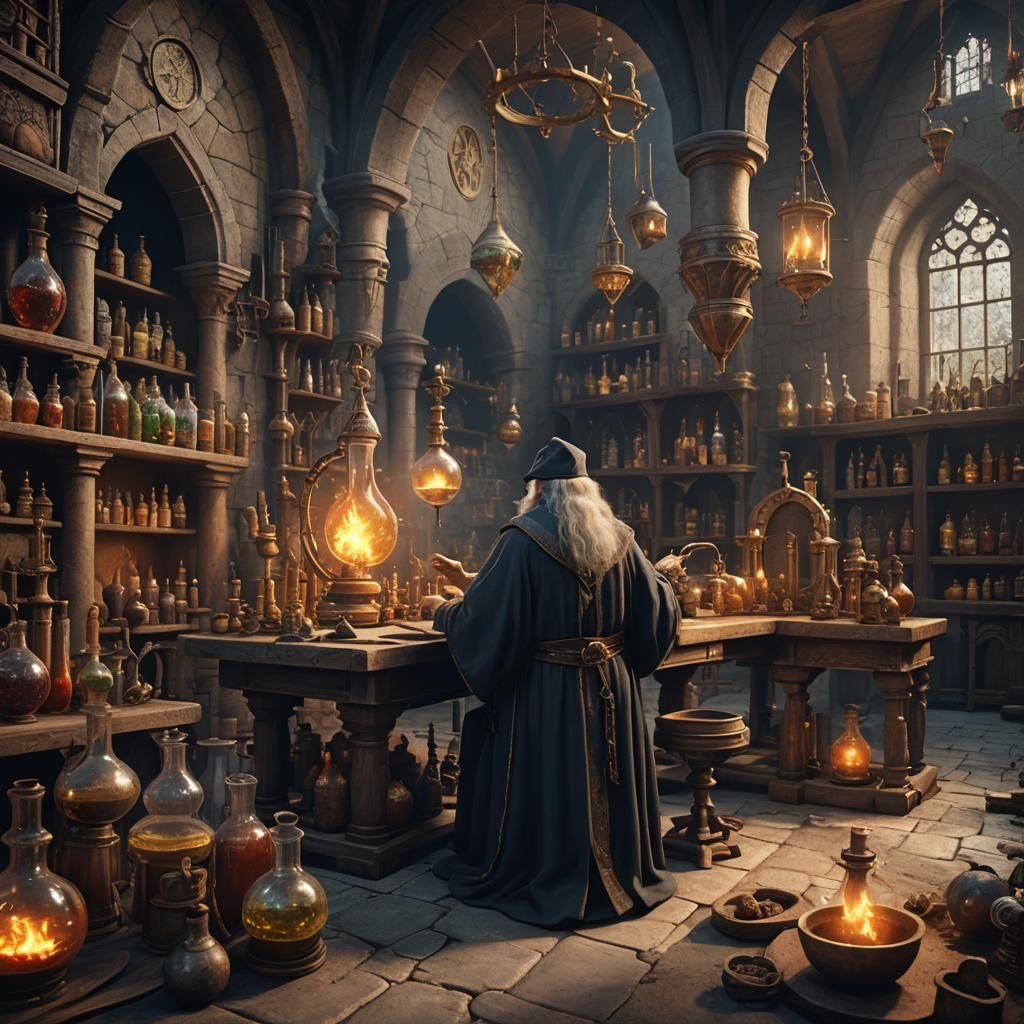 a medieval lab with an ancient wizard performing alchemical experiments ...