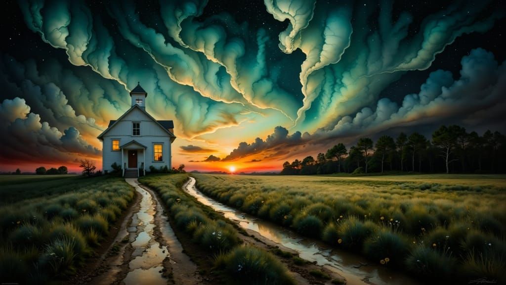 Magic Realism House at Dusk in Oil Painting - AI Art