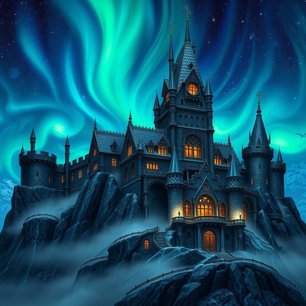 Obsidian Castle Beneath Northern Lights - AI Art
