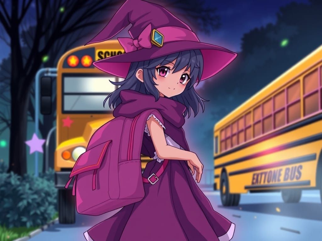 Dark Magic Girl Walks to School Bus in Anime-Inspi... - AI Art
