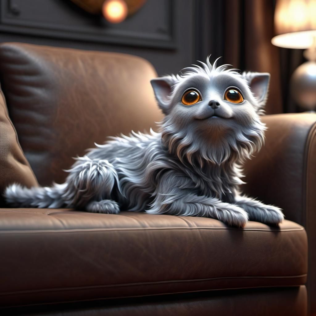 mythical pet: cosmic cute little gray creature on the brown sofa in the ...