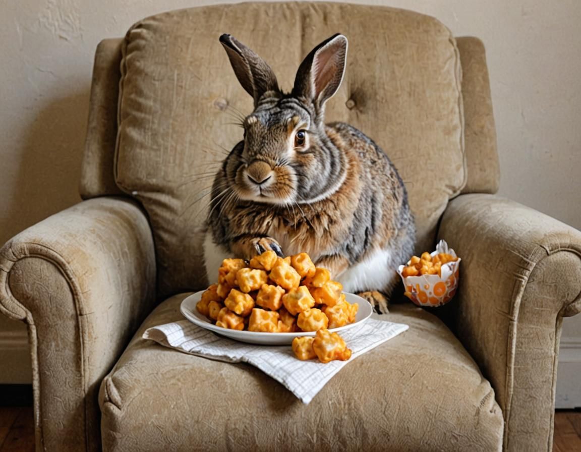 A rabbit slouches on an easy chair lazily eating cheese puffs. - AI ...