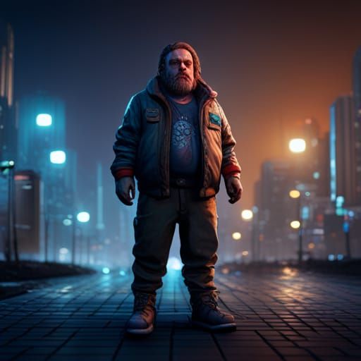 Full body portrait of a sad cyberpunk dwarf with lion in a cyberpunk ...