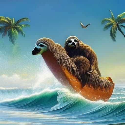 A sloth sat on a surf board on the sea waves High. High resolution ...