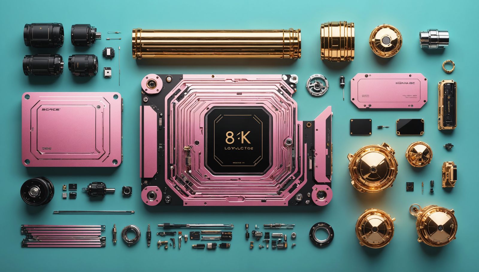 knolling full view Ultra-realistic 8K image of a highly polished chrome ...