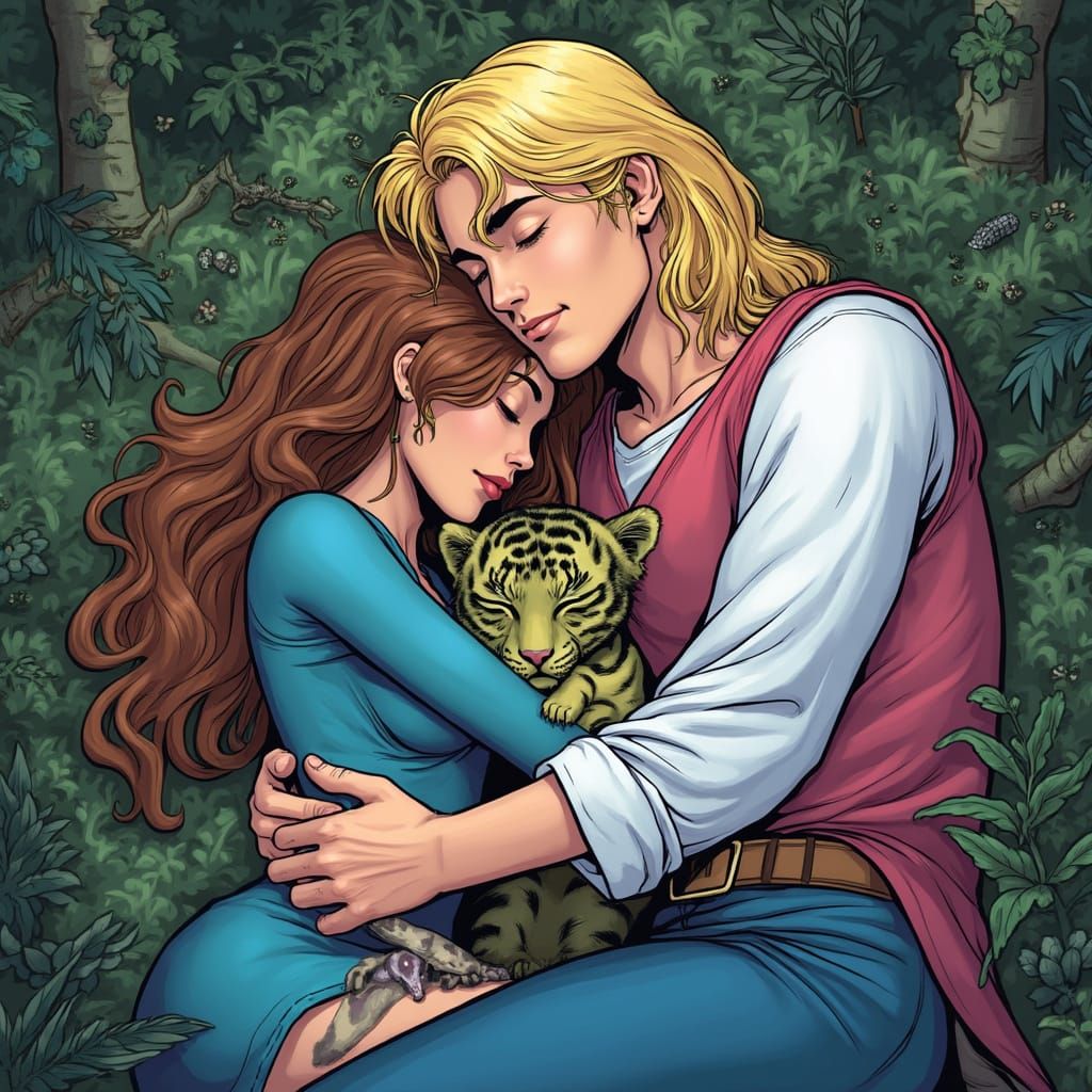 Kitty Pryde, Prince Adam, and Cringer snuggle in the woods