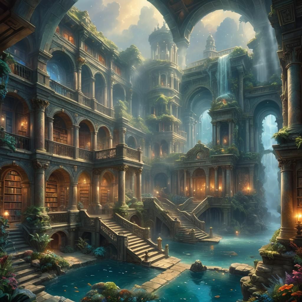 Ancient atlantis library, detailed, photorealistic, long lost memories ...