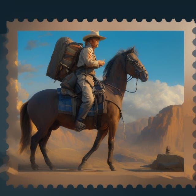 full view postage stamp of pony express postal worker, oil painting by ...