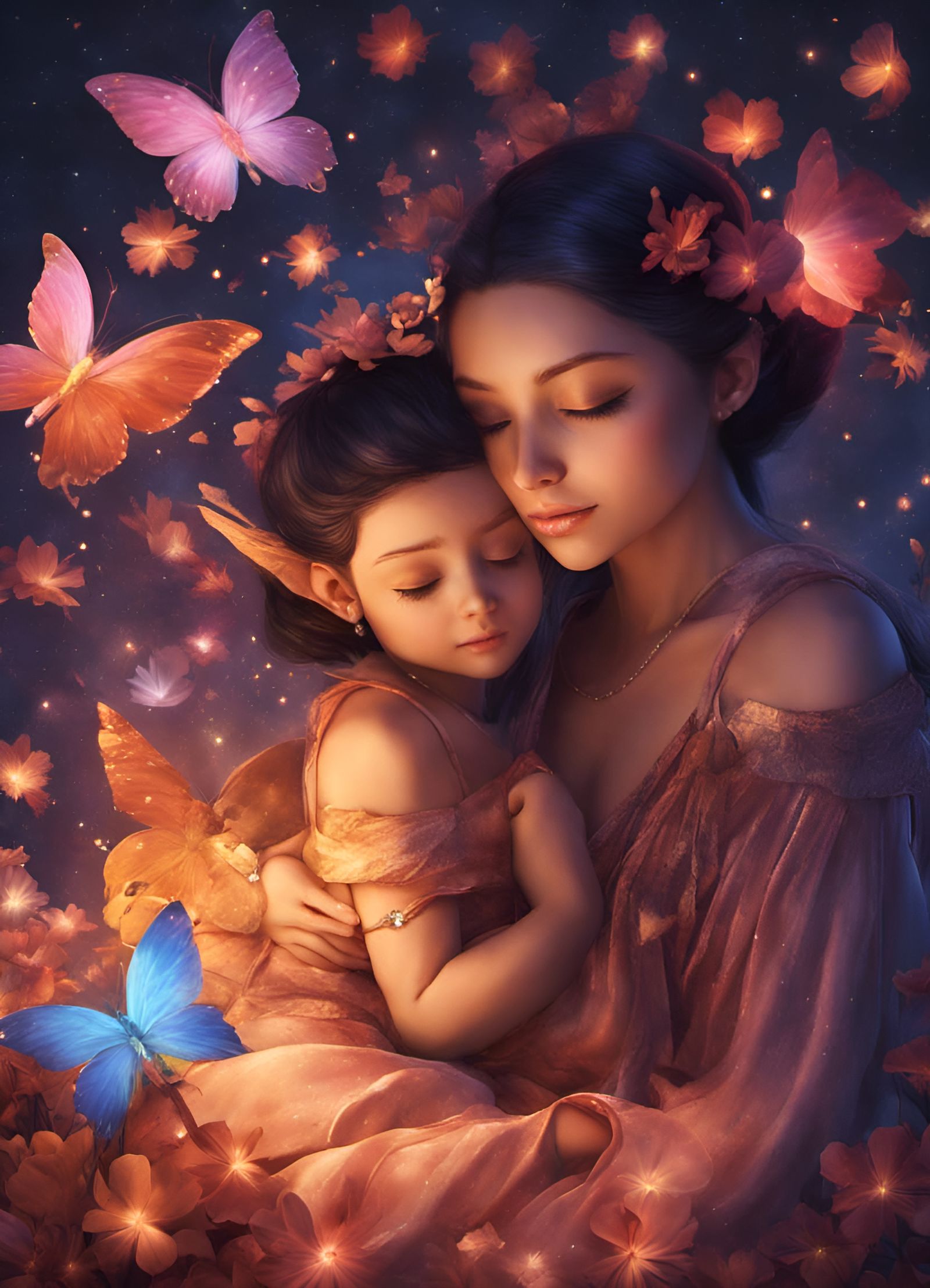 Portrait of a tiny pixie being embraced by her loving beautiful mom ...