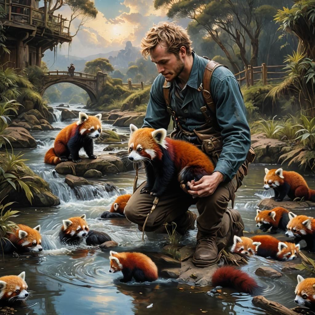Helping a red panda family in the river - AI Generated Artwork ...