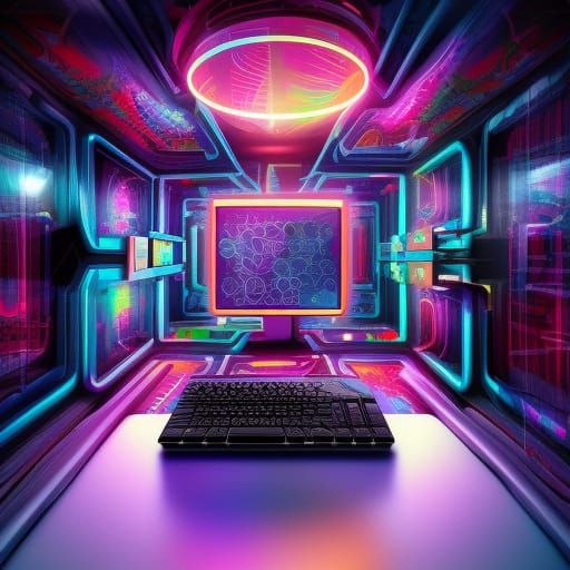 futuristic computer f the future with neon lights and sparkles ...