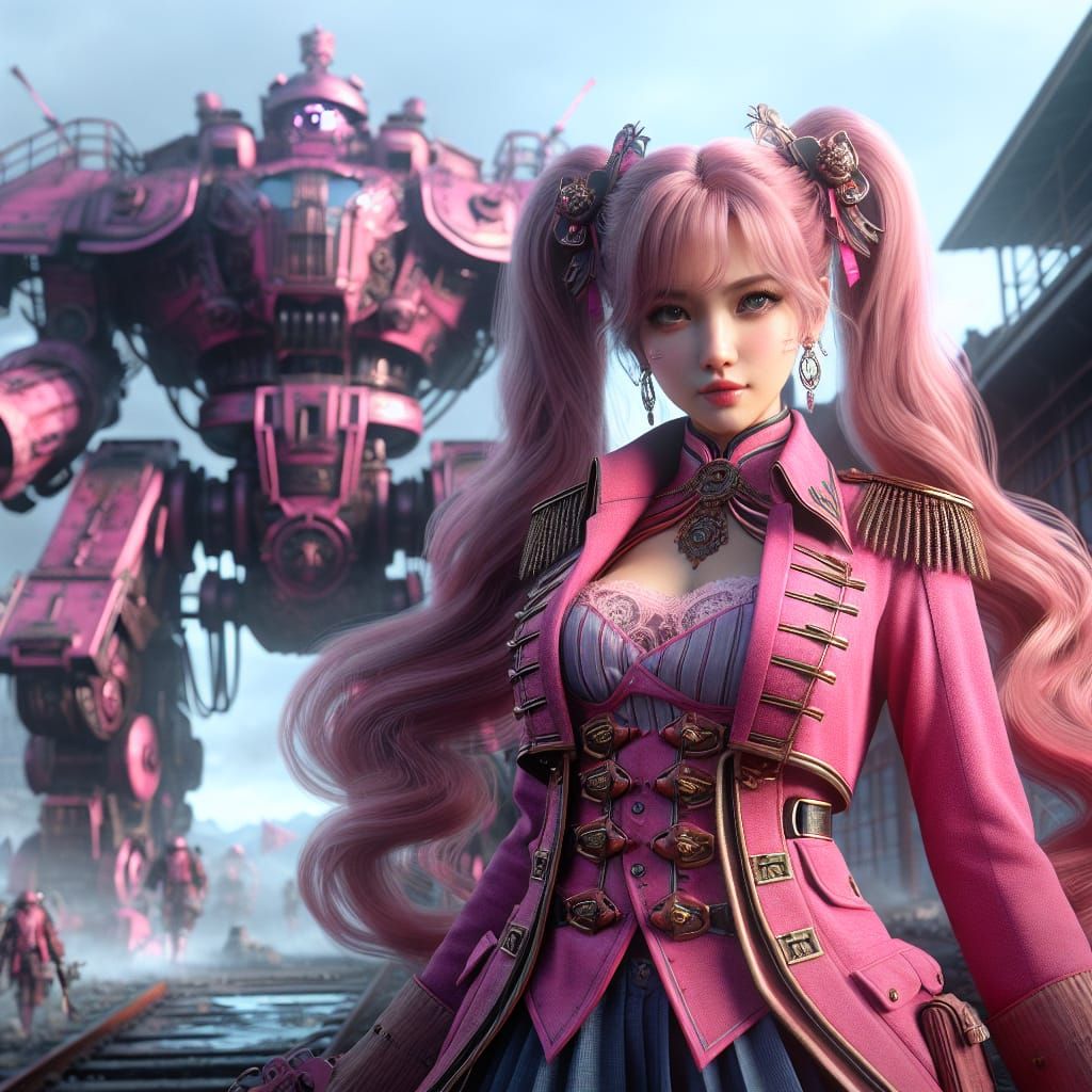 The image is of a young woman wearing a pink steampunk military uniform ...