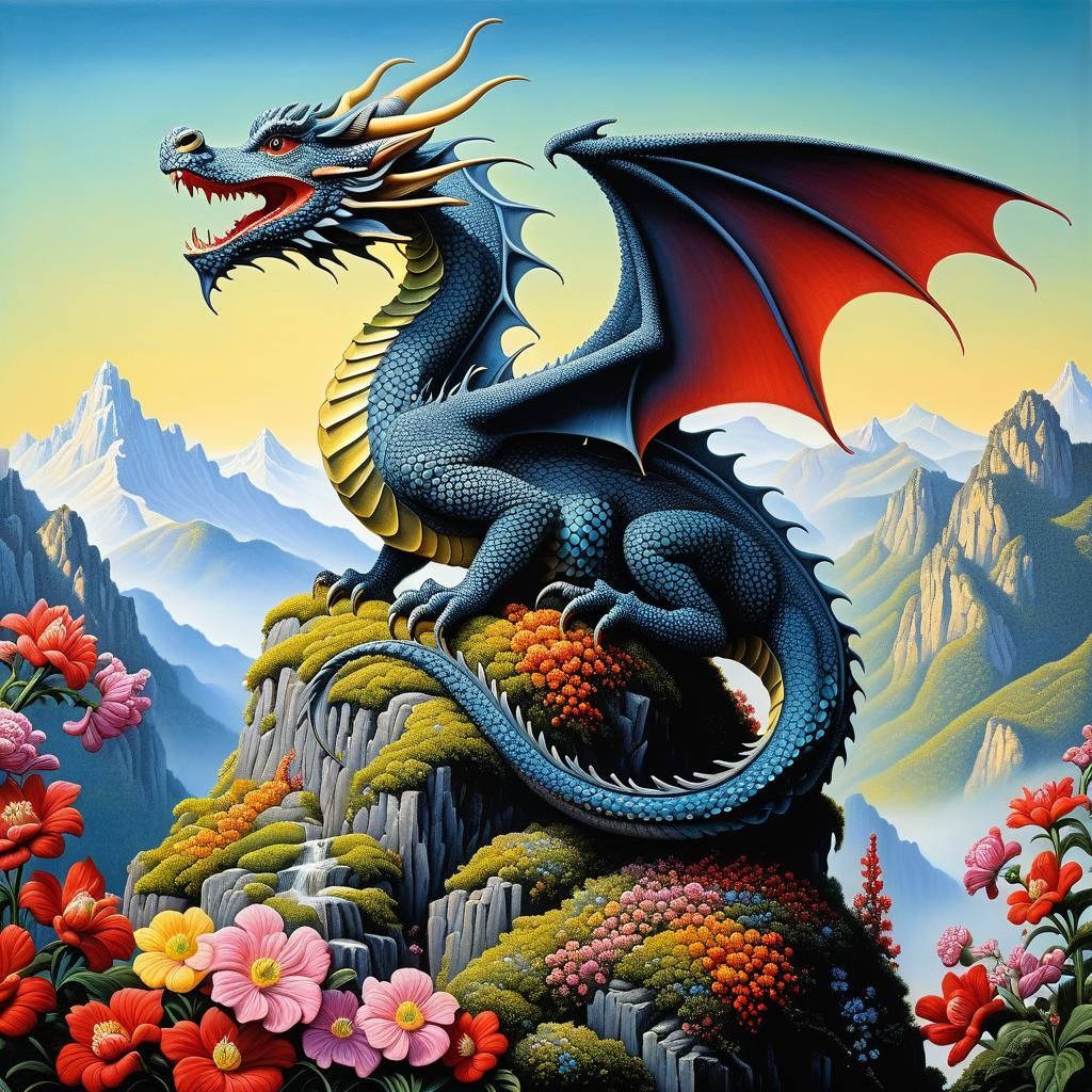 mountaintop dragon, whimsical blooming paradise, brushed charcoal cel ...