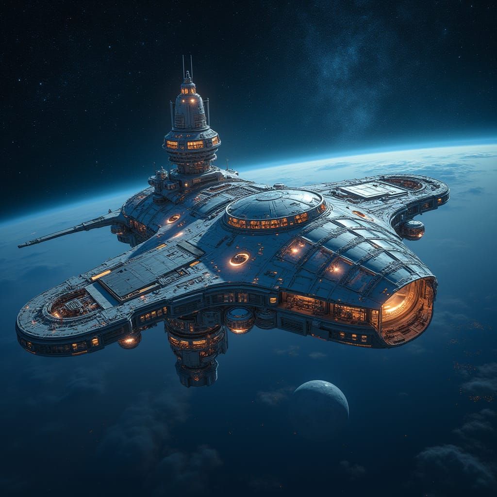 A sprawling space station, Horizon, illuminated by the soft glow of ...