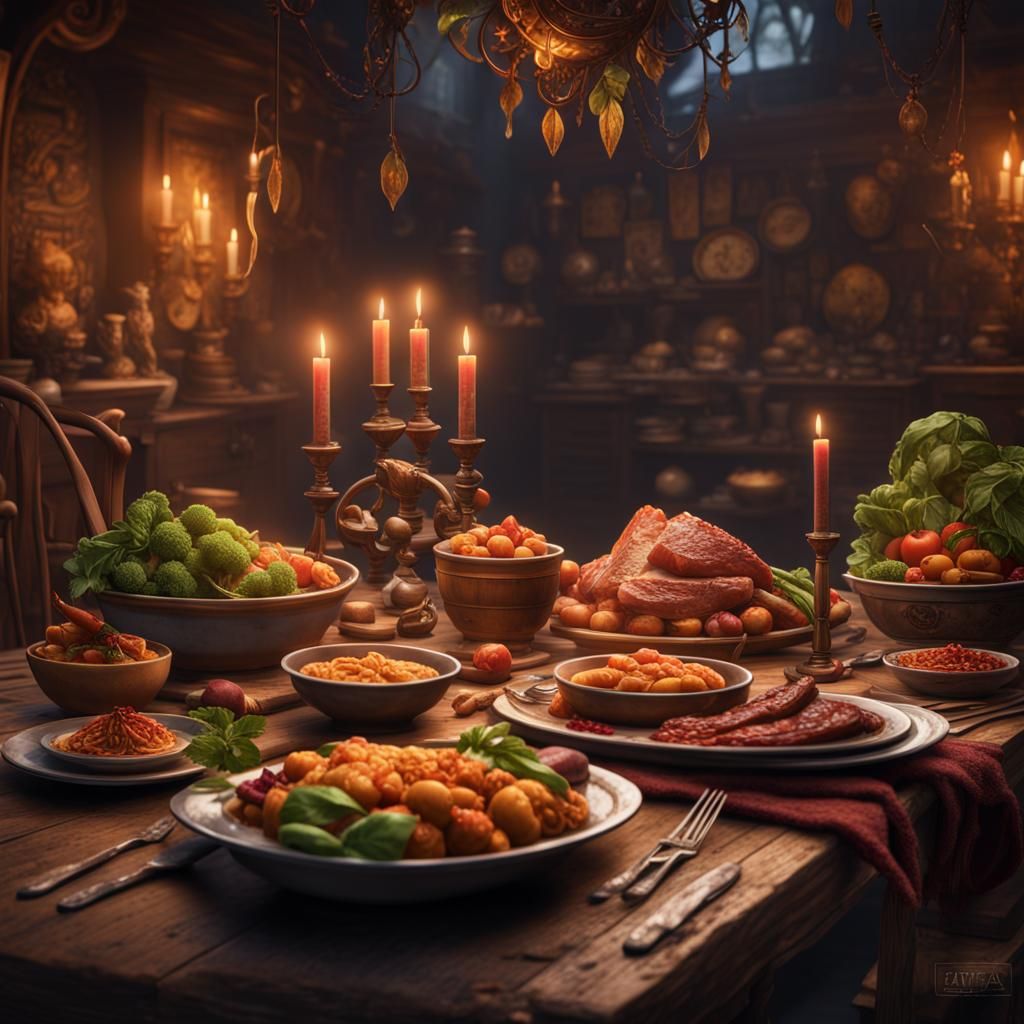 A warm, family dinner setting with a focus on wholesome, colorful food ...