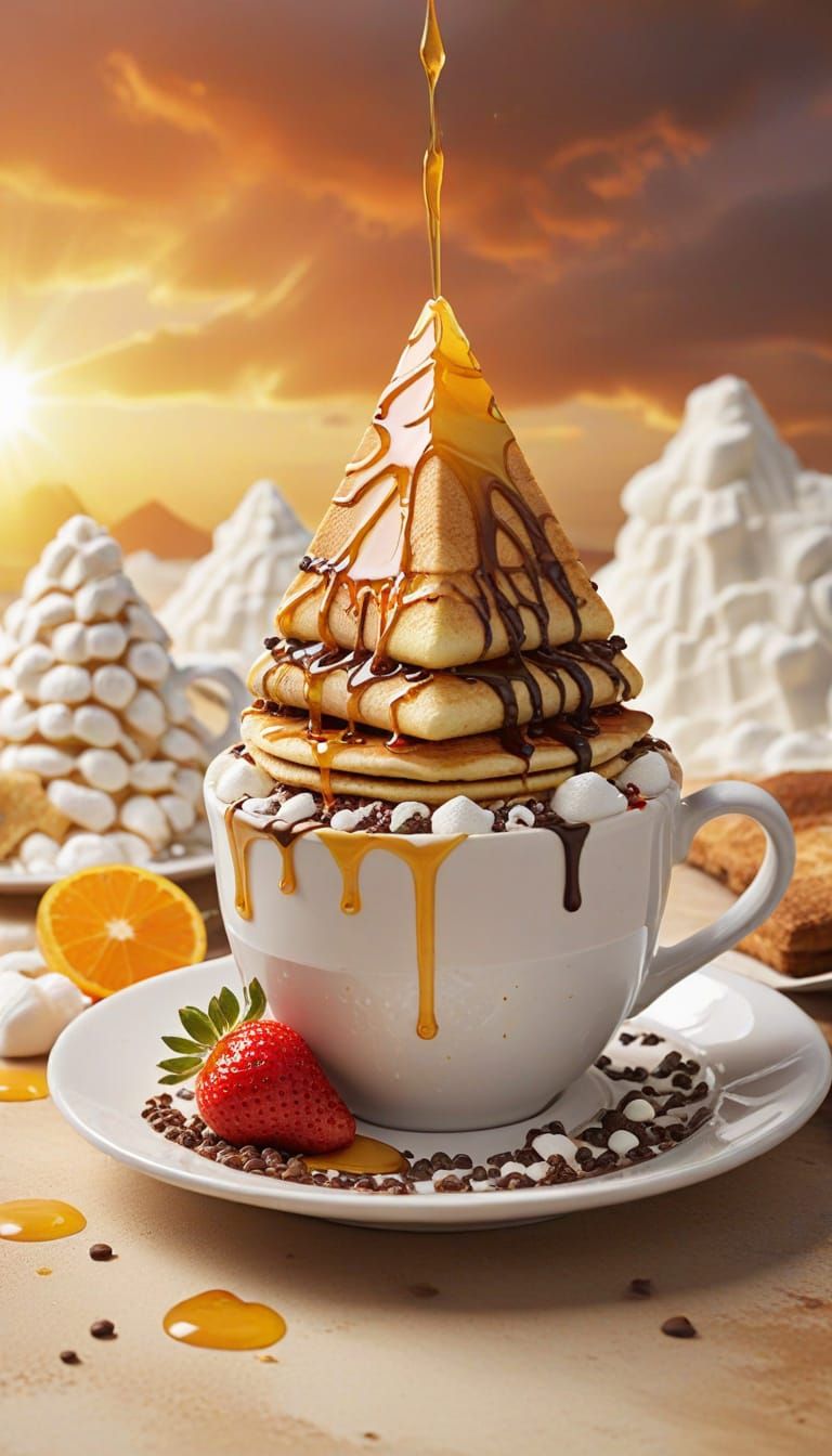 Ancient Egypt pyramid created from pancakes covered with dripping honey ...