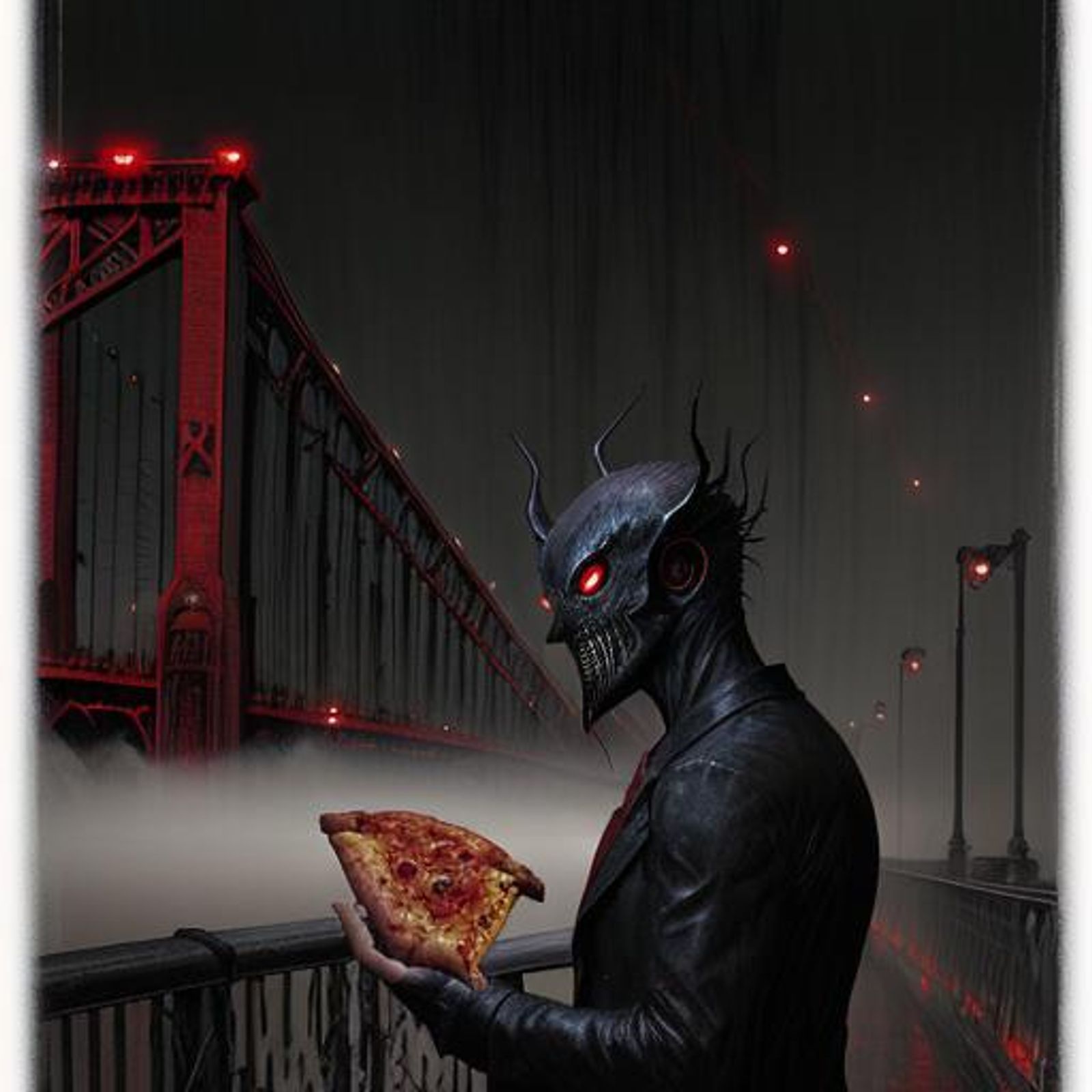 Mothman eats pizza by an Ohio bridge night fog blurry unsettling - AI ...