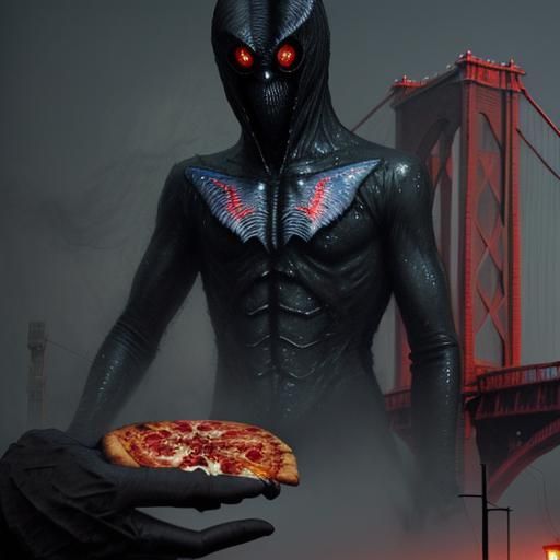 Mothman eats pizza by an Ohio bridge night fog blurry unsettling - AI ...