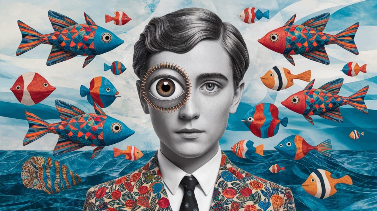 fishing - Surreal Portrait with Whimsical Fish and Geometric...
