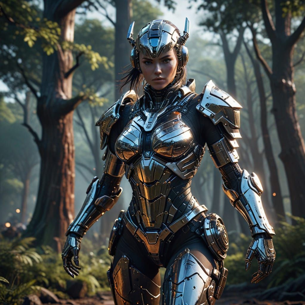 In a mesmerizing metal forest, a fierce female raver barbarian clad in ...