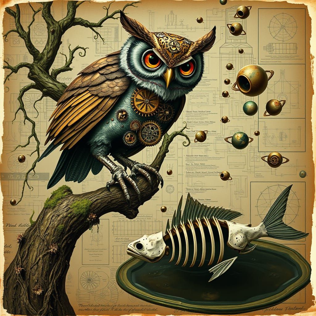 A broken clockwork owl with human hands perched on a melting tree branch