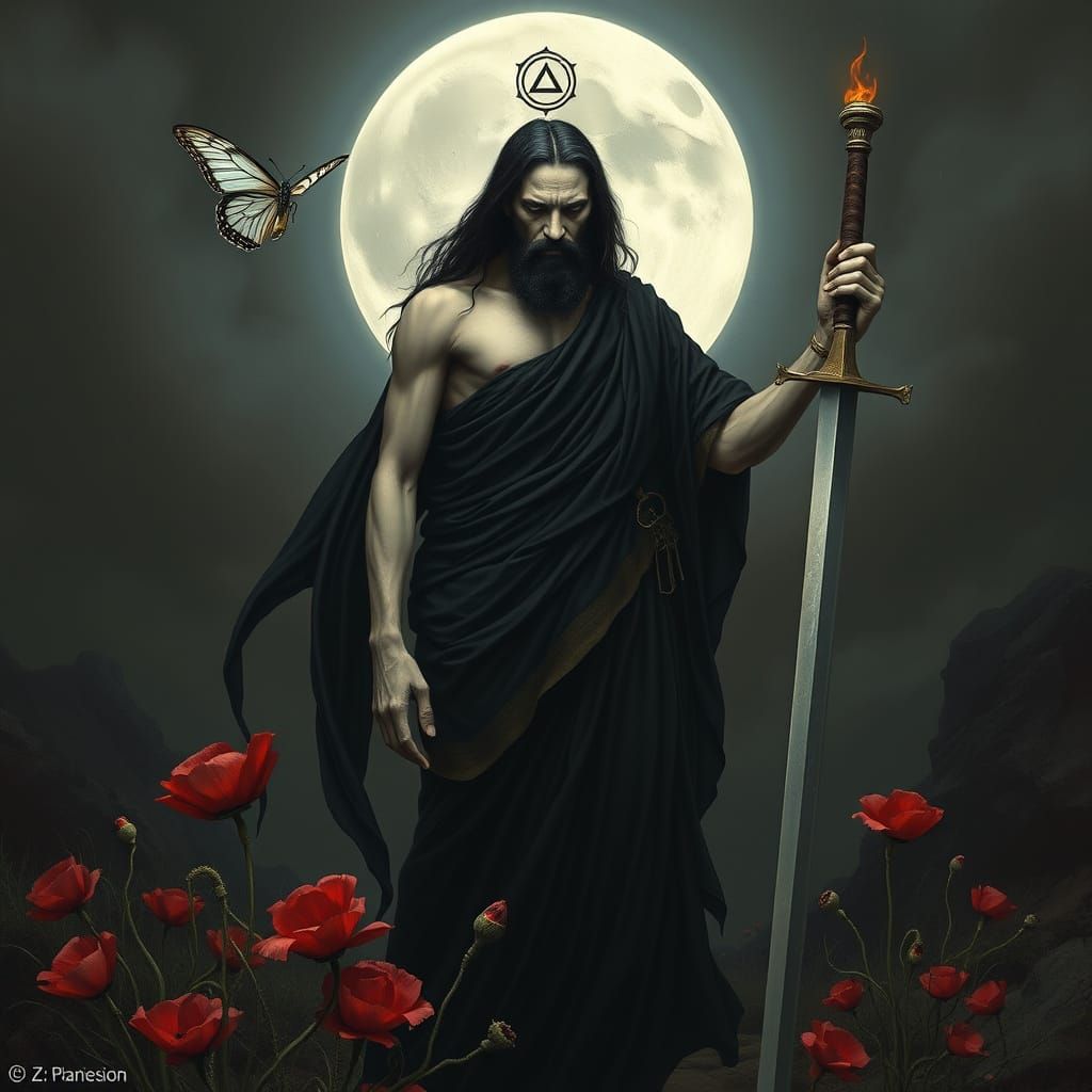 The Greek God of Death, Thanatos, in a Somber Moon... - AI Art