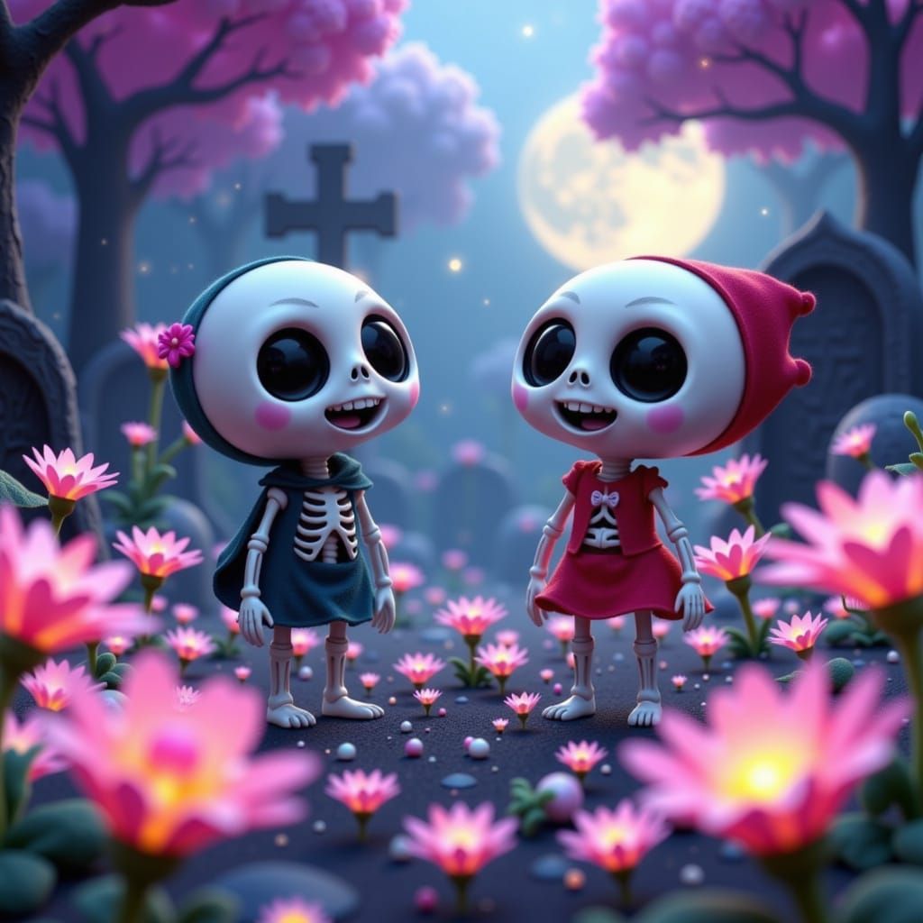 Laughing Chibi Skeletons in Moonflower Graveyard - AI Art