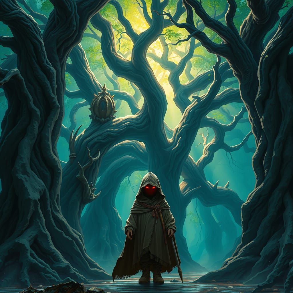 A small cloaked figure with glowing red eyes standing before a massive ...