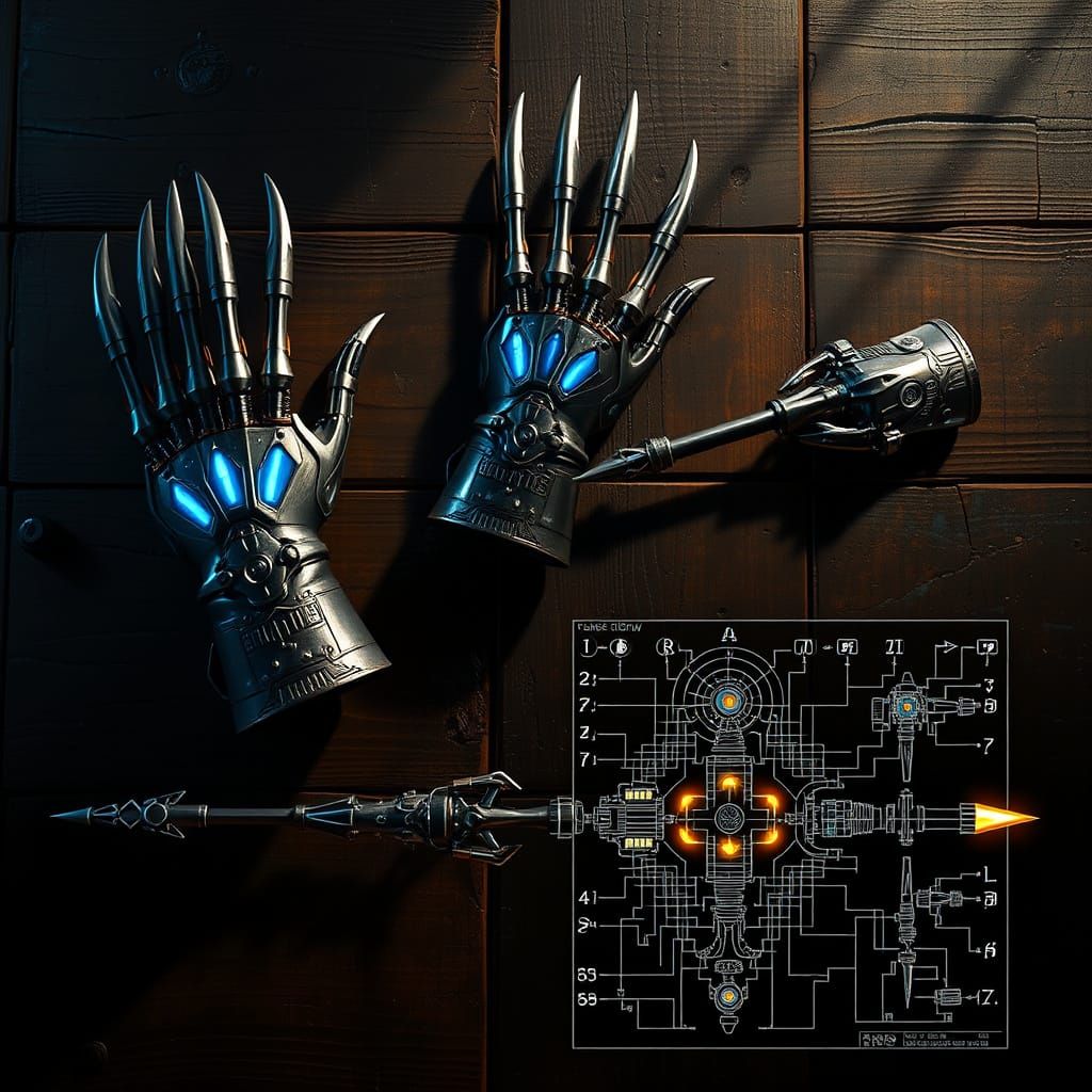 Concept art sheet of a mechanical weapon