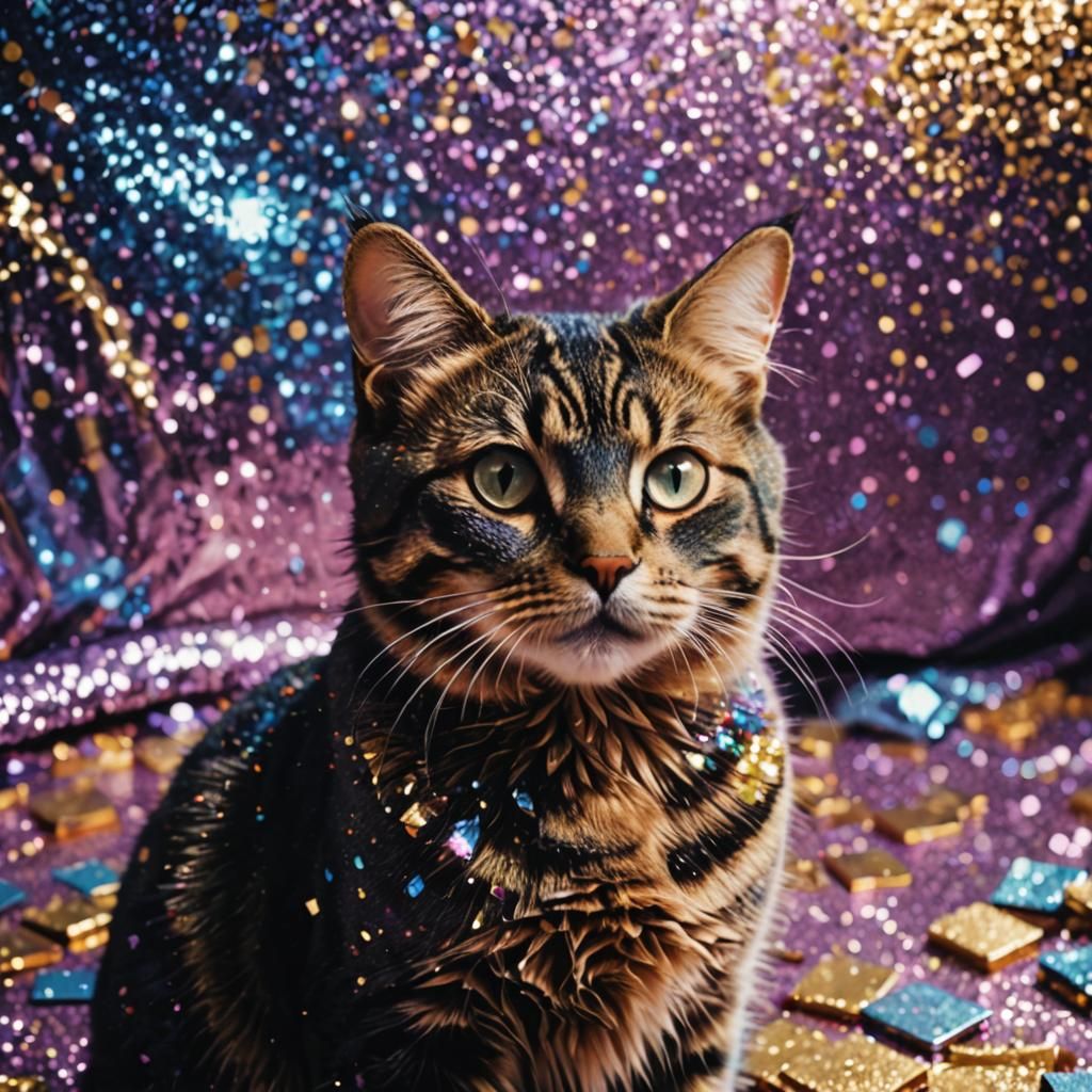 Cat, y2k style, a gold, purple, blue, crimson and black palette with holographic colors and in ...