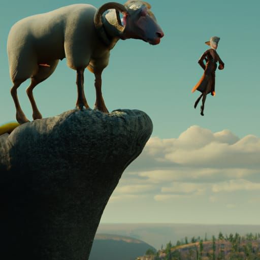 Personification of sheep being directed by evil going over a cliff, 8k ...