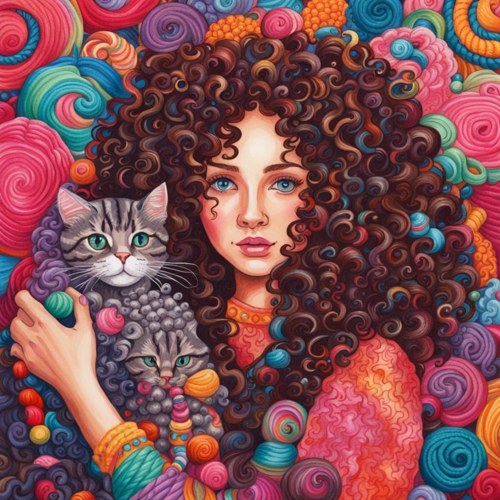 Brunette women, crochet, yarn, cats, maximalist - AI Generated Artwork ...