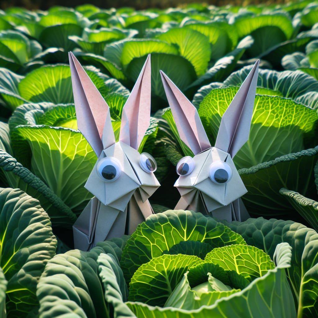 Googly eyes origami rabbits sitting in cabbage patch - AI Generated ...