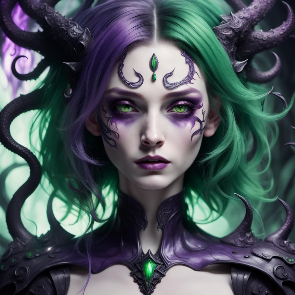 Female demon (pale skin, delicate features, green-purple hair) to look ...