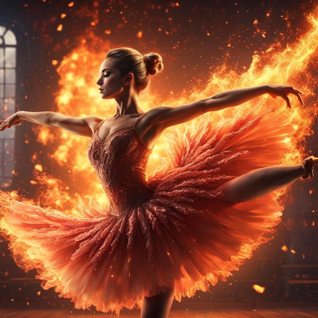 Ballerina dancing, fire and explosions around her 8k resolution concept ...