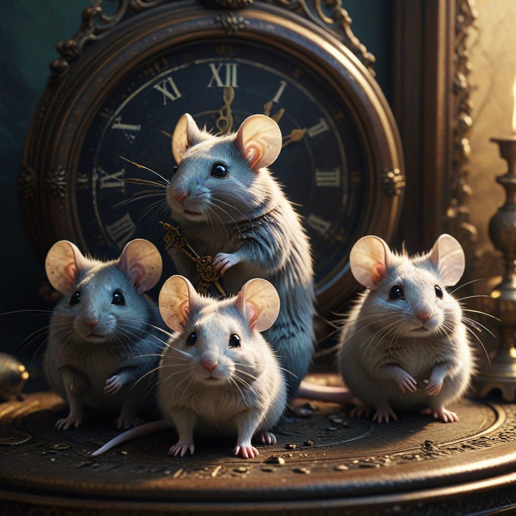 Mice on watch - Mice Gathered Around Antique Clock in Vibran...
