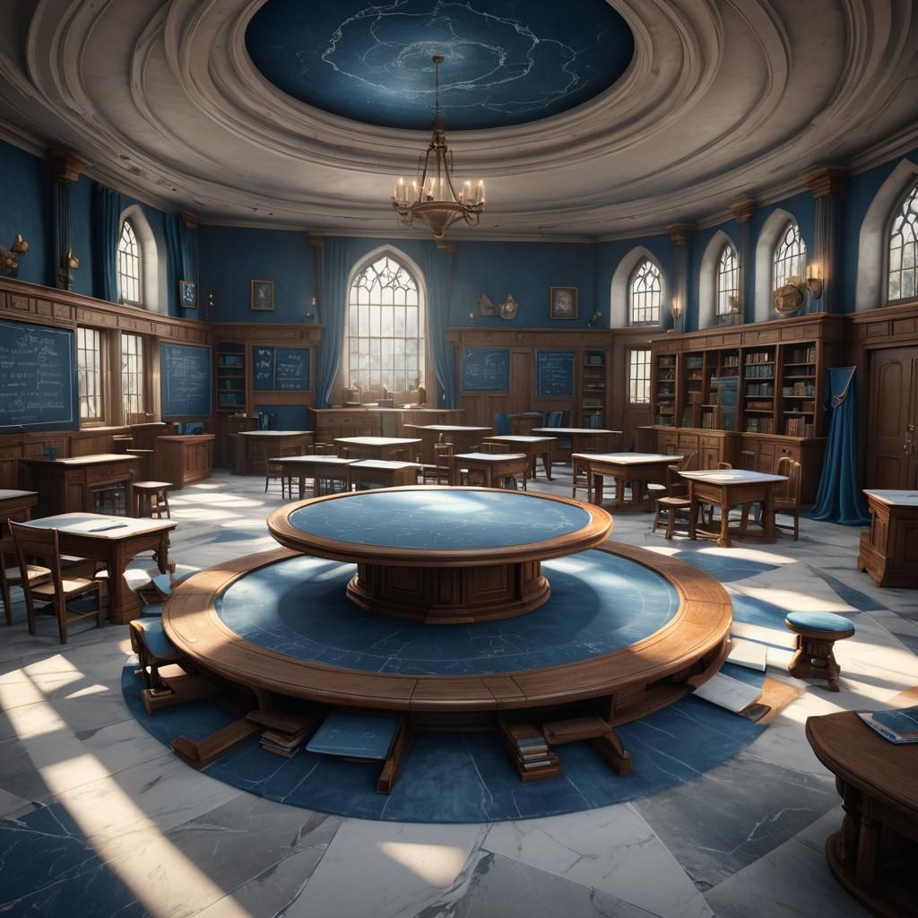 Inside a beautiful classroom with Many chalkboards and desks on ...