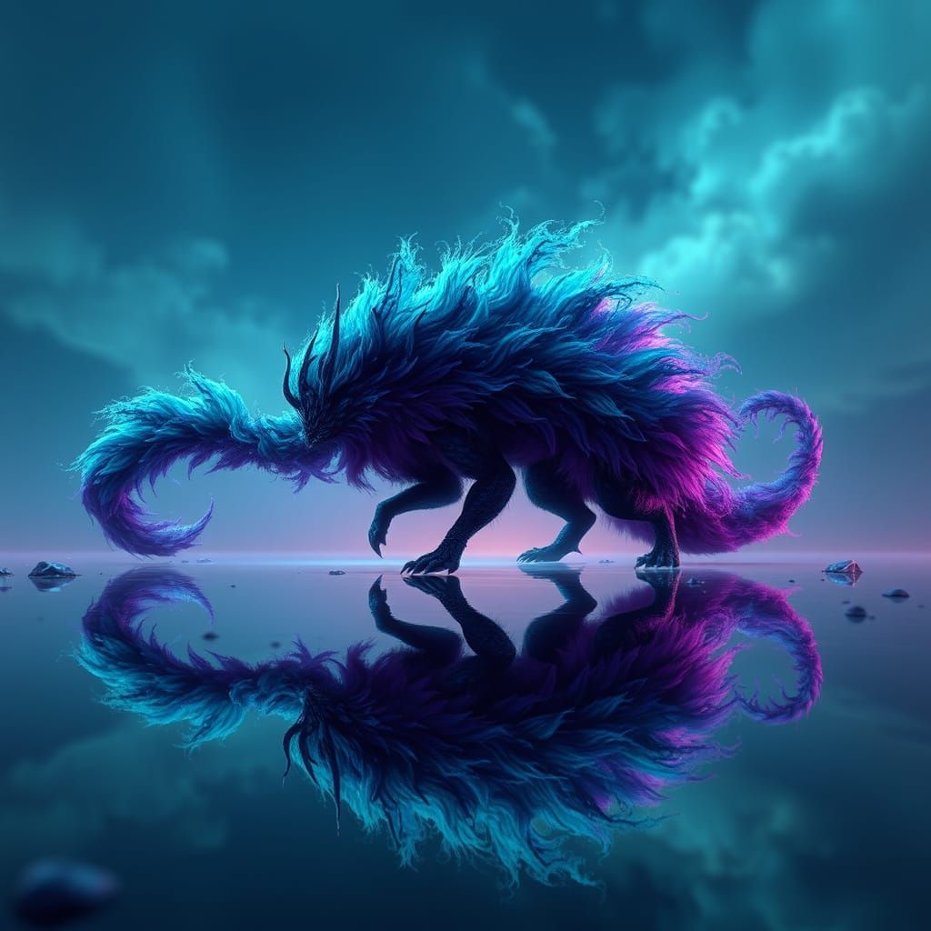 Mythical Ombre Creature Reflected in a Serene Pool - AI Art