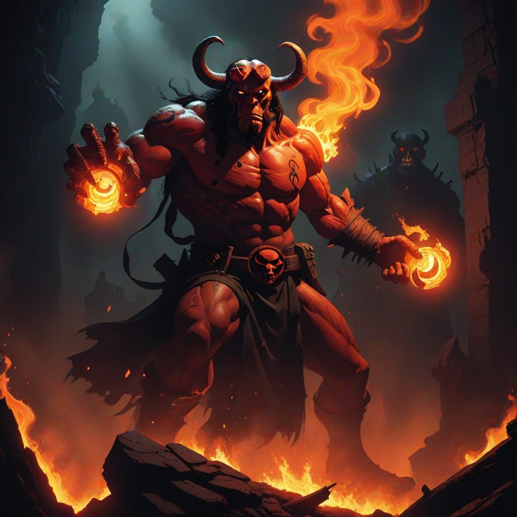 Hellboy in a dungeon - Hellboy Battles Fiery Demons in Dark...