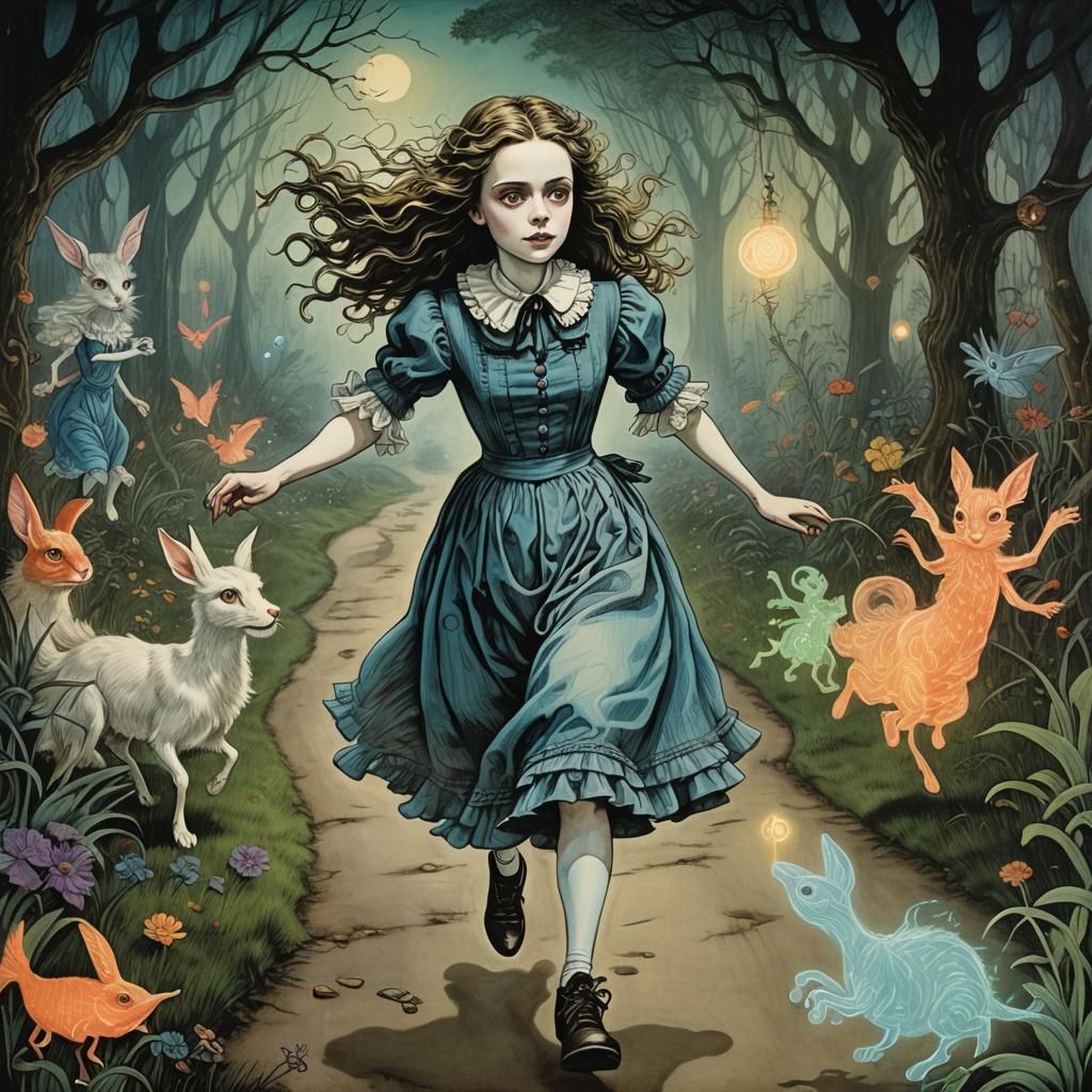 Alice Running Obliquely with Glowing Critters - AI Generated Artwork ...