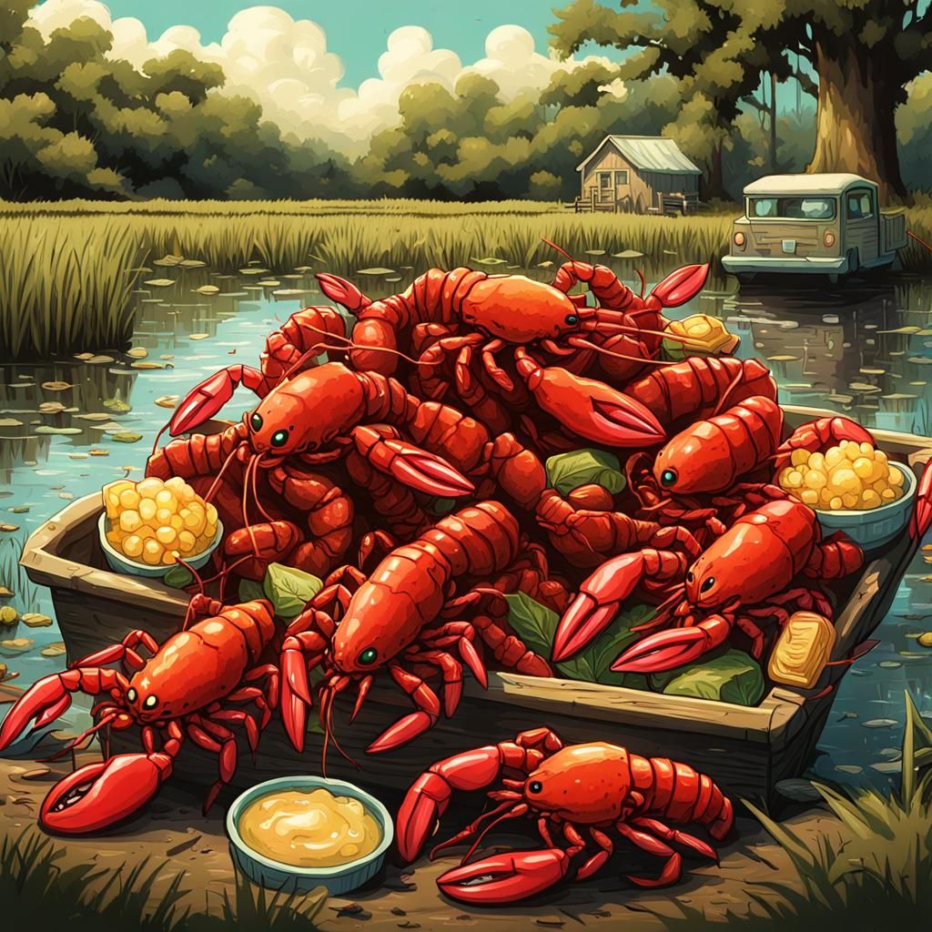 Crawfish boil on the bayou - AI Generated Artwork - NightCafe Creator