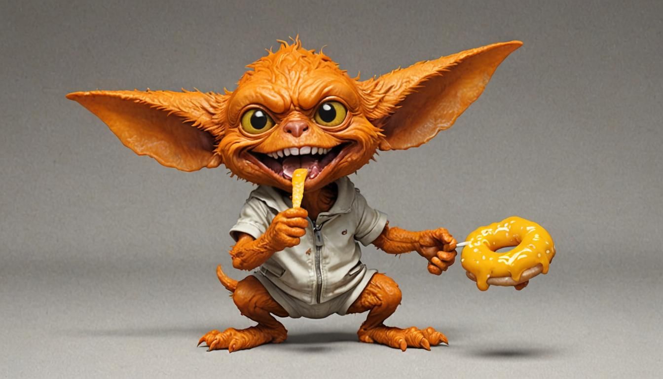 orange gremlin eating a battered sausage - AI Generated Artwork ...