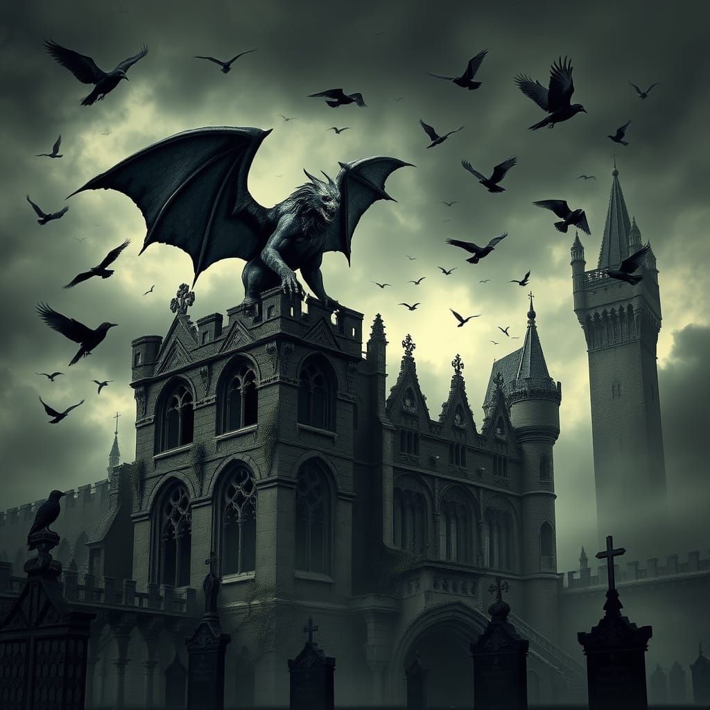 Doom - Gothic Gargoyle Silhouetted Against Dark Victorian Ca...