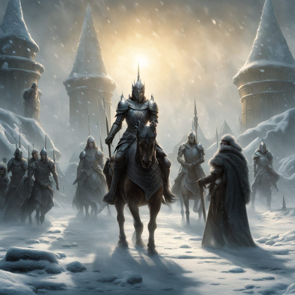 Epic Fantasy Knights Battle in Snowy Courtyard - AI Art