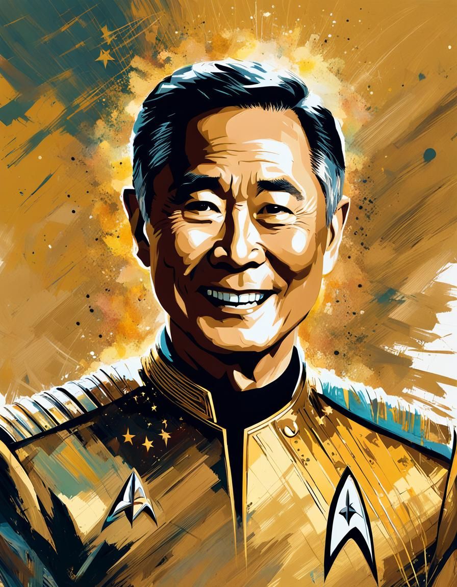 Portrait of George Takei in the style of Carne Griffiths, smiling, in a ...