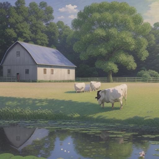 16k resolution, art by Hasui Kawase, Claude Monet. Picturesque farm ...