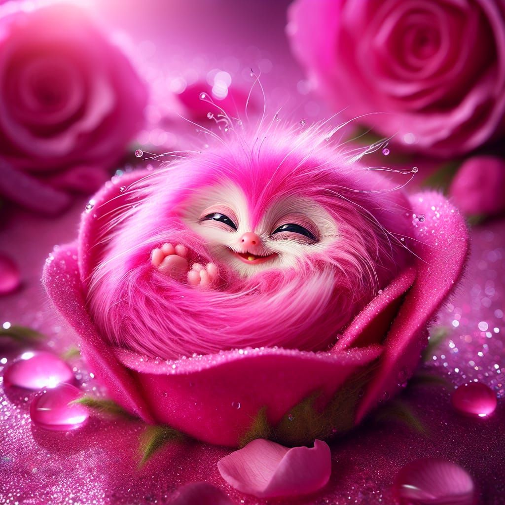 Tiny, Vibrant Pink Creature Sleeps in a Rose Petal... - AI Art