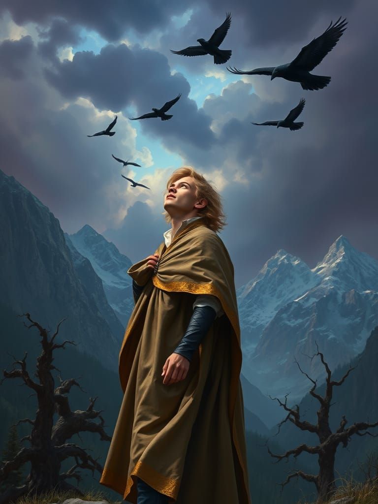 Brooding Young Hero Stands at Mountain's Edge, Clo... - AI Art