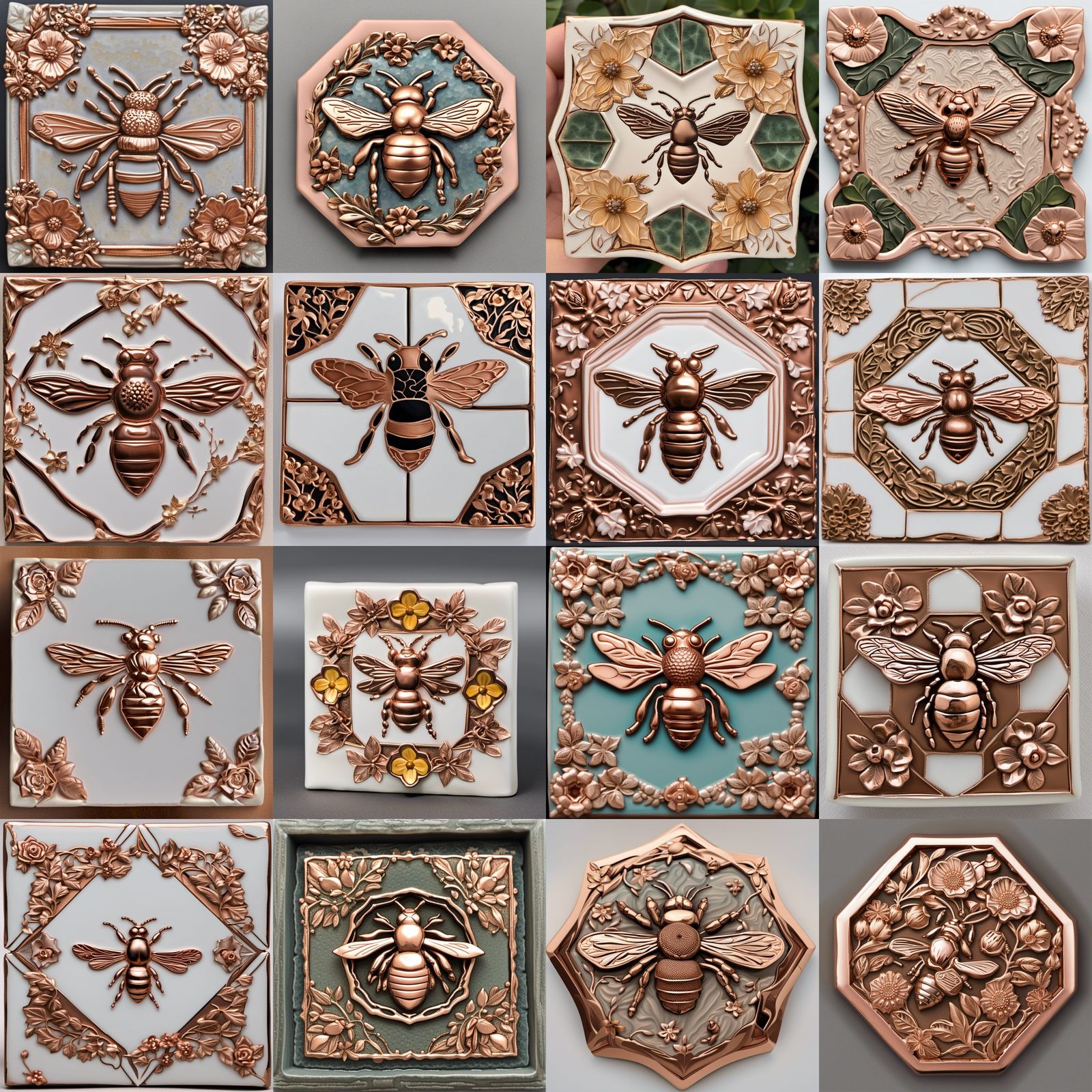 Six sided tile, rose gold bee in center and gold flowers and leaves ...