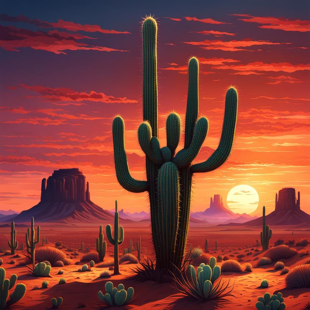A Tall Desert Cactus with A Sunset near Monument Valley Epic cinematic ...